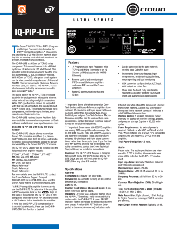 Crown Audio IQ-PIP-LITE Stereo Amplifier User manual | Manualzz