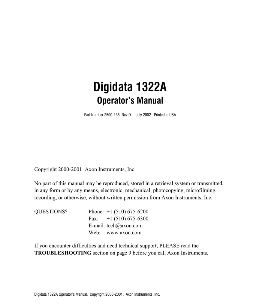 Axon Digidata 1322A Operator`s manual | Manualzz