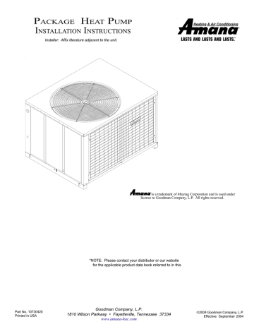 Amana Package Heat Pump Installation Instructions | Manualzz