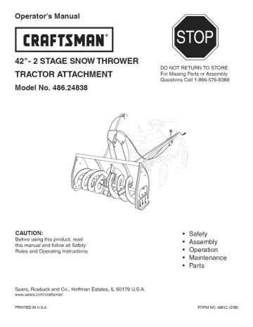 Craftsman 48624838 Snow Thrower Attachment Operator`s manual | Manualzz