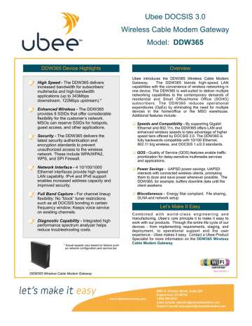 Ubee DDW365 Wireless Cable Modem Gateway Datasheet | Manualzz