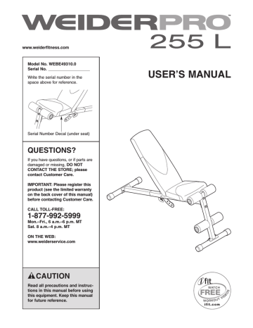 Weider 255 L Bench Instructions / Assembly | Manualzz