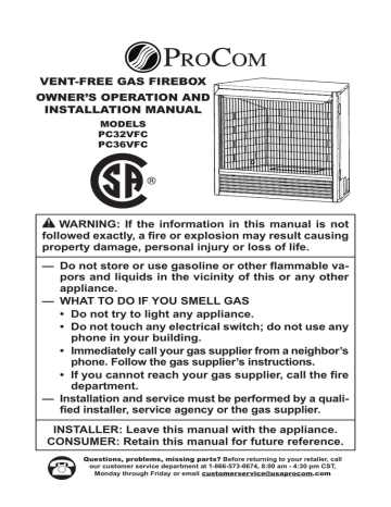 ProCom PC32VFC & PC36VFC Vent-Free Gas Firebox Owner's Manual | Manualzz