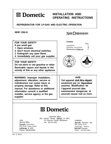 Dometic NDR1292-S Operating instructions | Manualzz