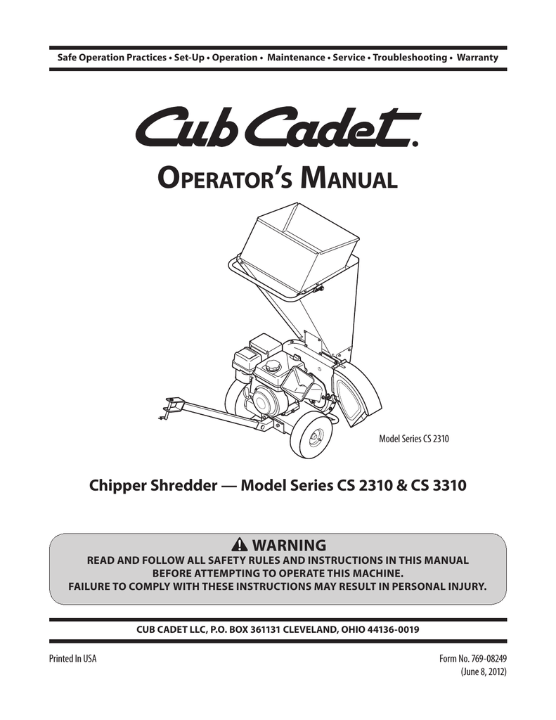 Cub Cadet CS 3310 Chipper Shredder Operator`s manual | Manualzz