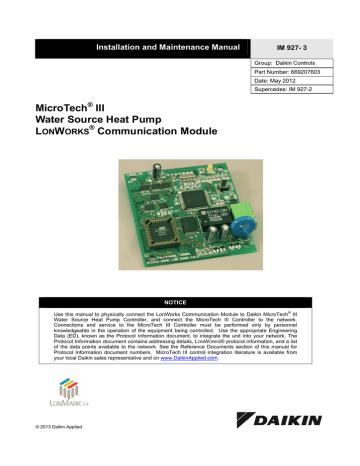 Daikin MicroTech III LONWORKS Communication Module Installation and ...