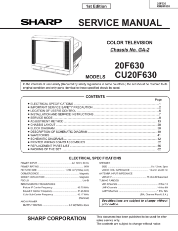 SHARP 20F630, CU20F630 SERVICE MANUAL | Manualzz