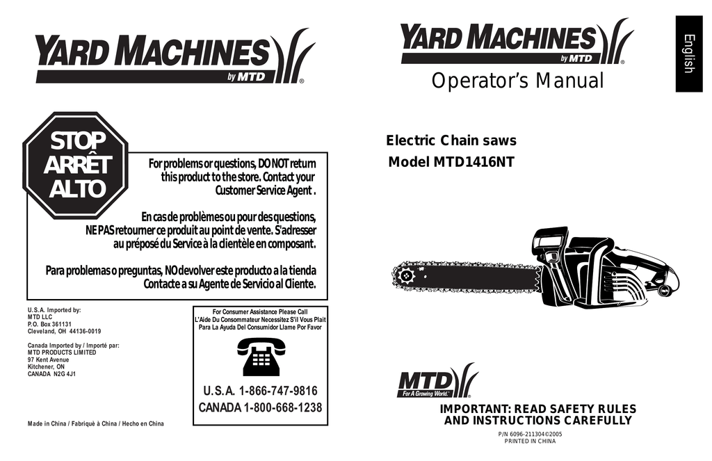 MTD MTD1416NT Operator`s manual | Manualzz