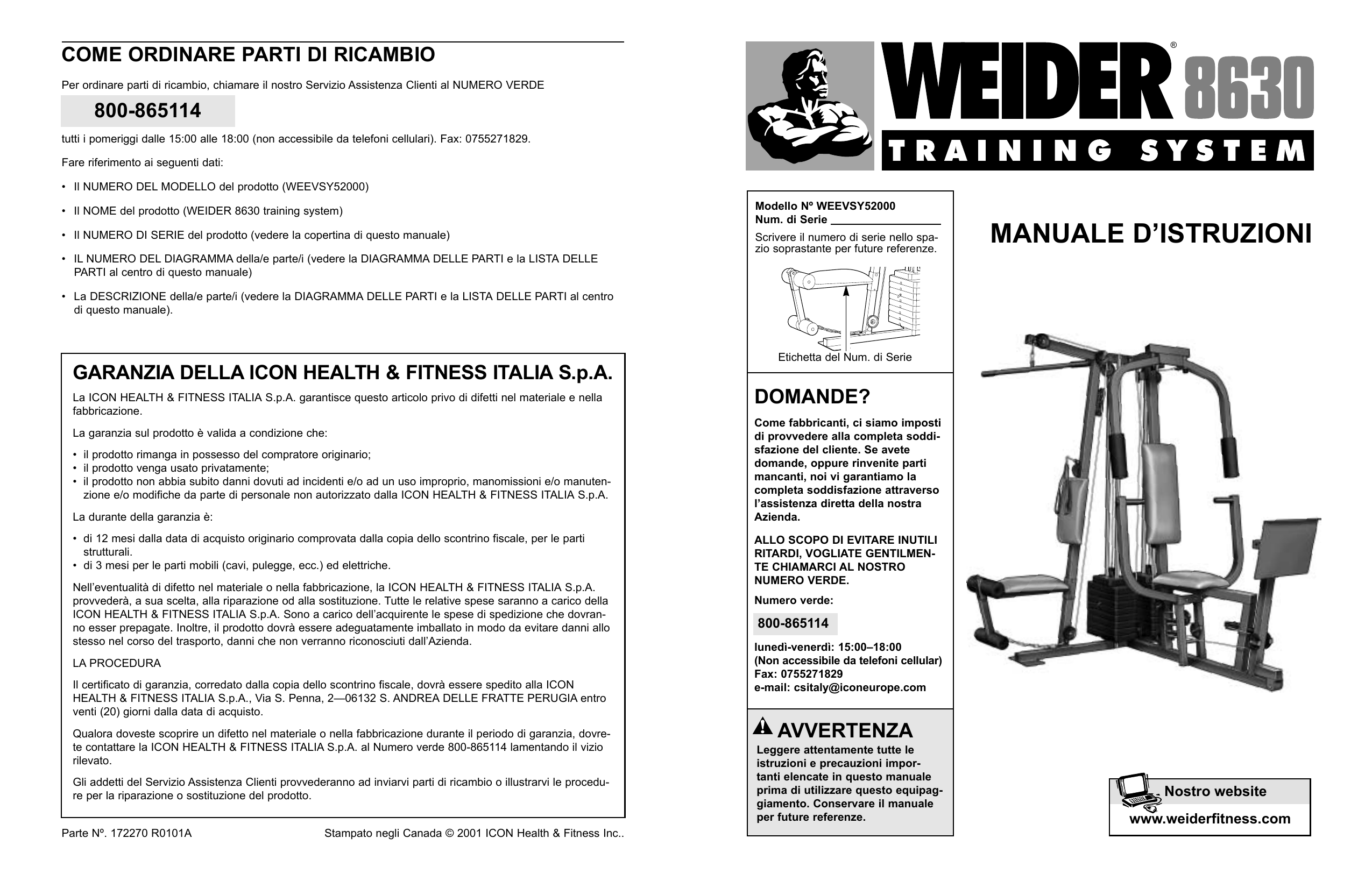 Weider WEEVSY5200 8630 SYSTEM Manuale utente | Manualzz