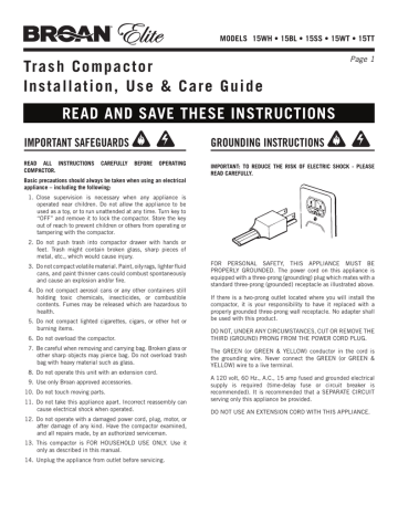 Broan 15BL Trash Compactor Installation guide | Manualzz