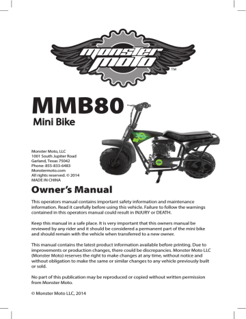 Monster Moto MM-B80 Mini Bike Owner's Manual | Manualzz
