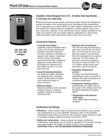 Rheem EGSP20/231976 20 gal. 3kW 277V Electric Commercial Water Heater ...