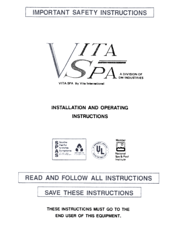 VITA-SPA LX and DX Series Spa Installation and Operating Instructions ...