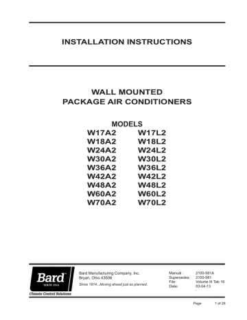 Bard W48A2-A00 WA2 4 Tons Electric 1C-Stage Vertical Packaged Air ...
