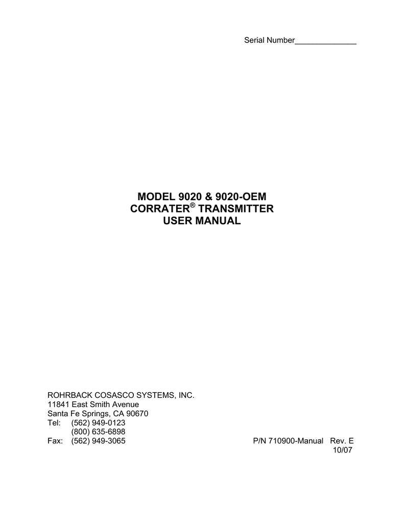 ROHRBACK COSASCO SYSTEMS CORRATER 9020-OEM User manual | Manualzz