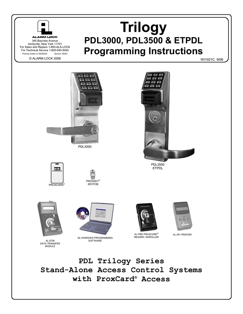 Alarm Lock Trilogy DL3000 Series Trilogy PDL3000 Trilogy PDL3500 