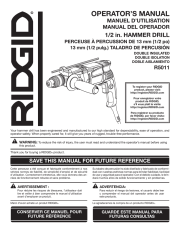 RIDGID R50111-R1006 8.5 Amp Corded 1/2 in. Heavy-Duty Hammer Drill User ...