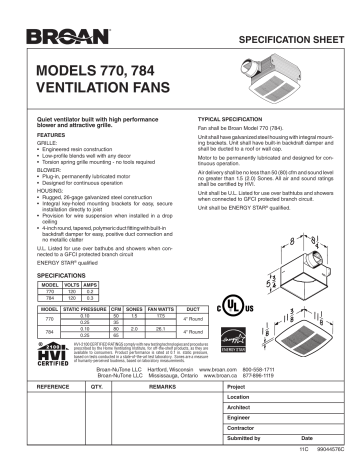 Broan F784 80 cfm 2-Sones Fan Finish Pack Specification | Manualzz