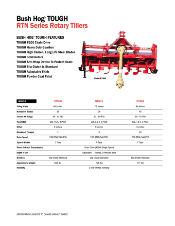 Bush Hog RTN Series Rotary Tiller Spec sheet | Manualzz