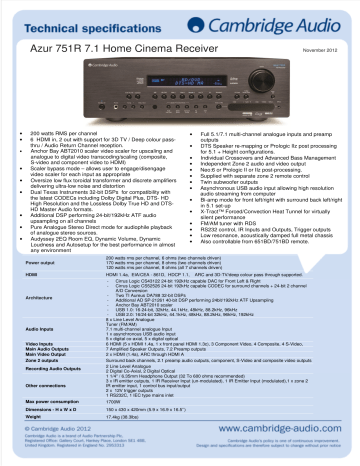 Cambridge Audio Azur 751R V1/V2 Technical Specification | Manualzz
