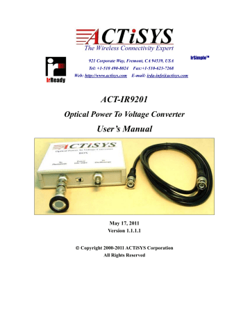 ACTiSYS Optical Power To Voltage Converter IR9201 User's Manual | Manualzz