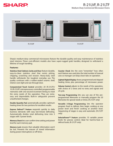 Sharp R21LTF Commercial Microwave Specification Sheet | Manualzz