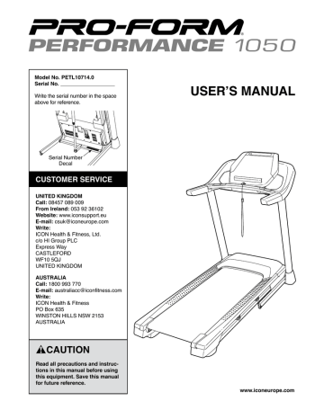 ProForm PETL10714 Performance 1050 TREADMILL User`s manual | Manualzz