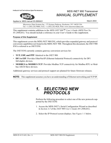 MDS iNET 900 ENI Manual Supplement - Wireless Transceiver | Manualzz