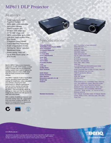 BenQ MP611 Projector Product sheet | Manualzz