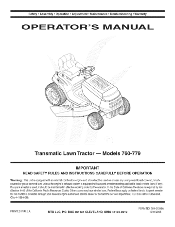 MTD 760 THRU 779 Lawn Tractor Owner's Manual | Manualzz