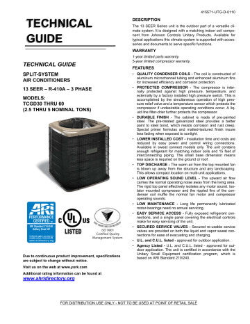 York International TCGD48S41S3H TCGD Series 4 Tons 13 SEER R-410A Air ...