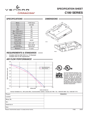 Venmar C180 Range Hood Specification Sheet | Manualzz