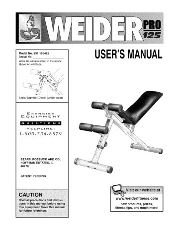 Weider 831150462 Pro 125 Weight System Owner's Manual | Manualzz
