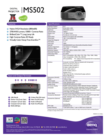 BenQ MS502 Projector Product sheet | Manualzz