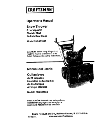 Craftsman 536881550 Snow Thrower Operator`s manual | Manualzz