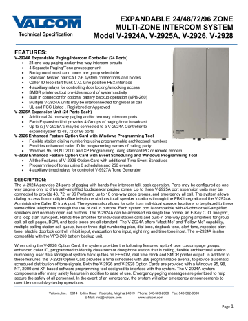Valcom Intercom System V-2924A, V-2925A, V-2926, V-2928 Technical ...