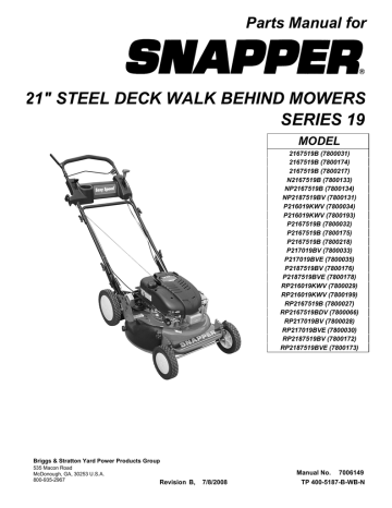 Snapper SERIES 19 Lawn Mower User manual | Manualzz
