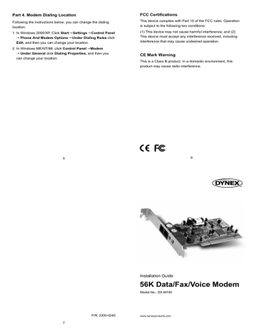 DYNEX DX-M100 56K Data/Fax/Voice Modem Installation Guide | Manualzz