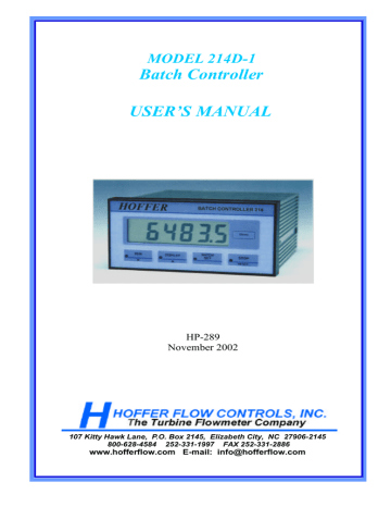 Hoffer Flow Controls 214D-1 Batch Controller User's Manual | Manualzz