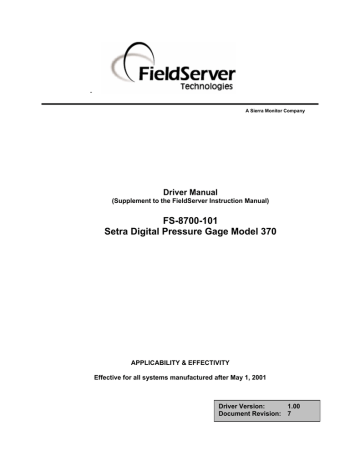 FieldServer Technologies digital pressure gage 370 Driver Manual | Manualzz
