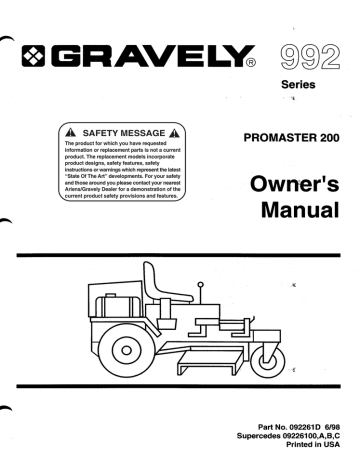 Gravely 992 PROMASTER 200 Owner's Manual | Manualzz