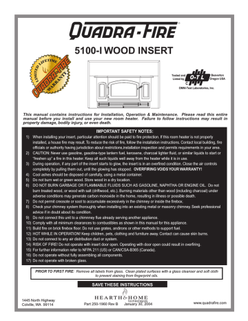 Quadra-Fire 5100-I Wood Insert User Manual | Manualzz