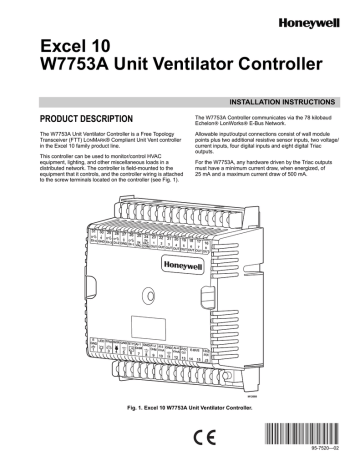 Unit Ventilator Controller Excel 10 W7753A Installation Instructions | Manualzz