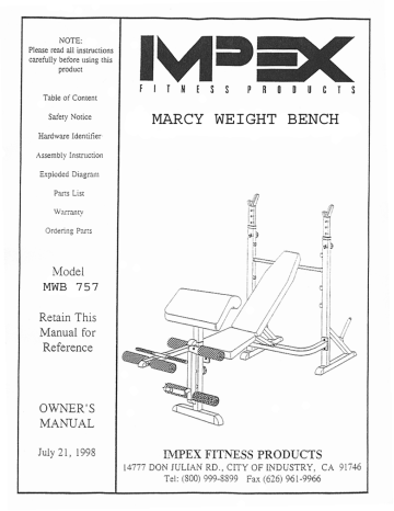 IMPEX MWB 757 Weight Bench Owner's Manual | Manualzz
