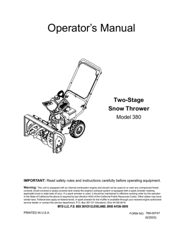 MTD Snow Thrower 380 Operator's Manual | Manualzz