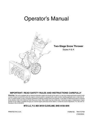 MTD Snow Thrower H & K Operator's Manual | Manualzz