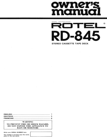 Rotel RD-845 Stereo Cassette Tape Deck Owner's Manual | Manualzz