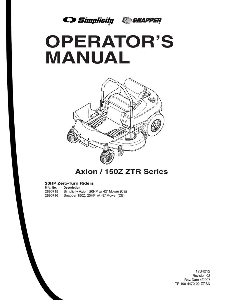 Snapper 150Z ZTR Series Lawn Mower User Manual | Manualzz Snapper 150Z ZTR Series Lawn Mower User Manual | Manualzz