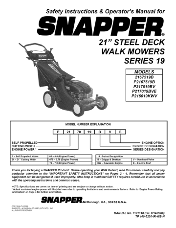 SNAPPER Walk Mower Series 19 User Manual | Manualzz