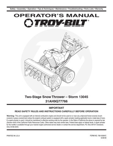 Troy-Bilt Snow Thrower Storm 13045 Operator's Manual | Manualzz